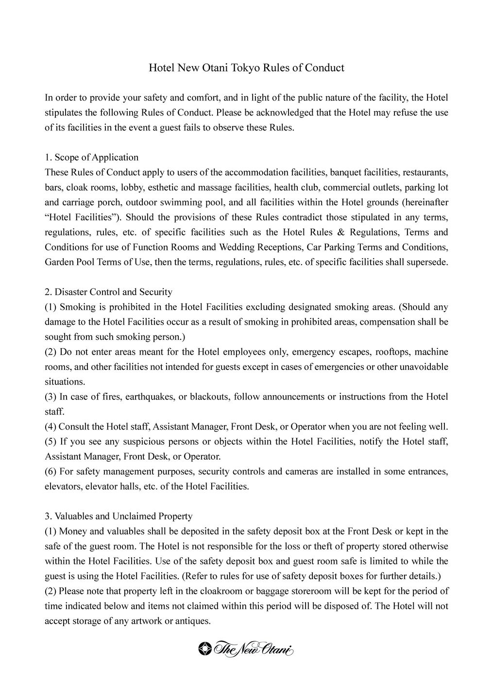 Terms and Conditions, Rules of Conduct | Hotel New Otani Tokyo